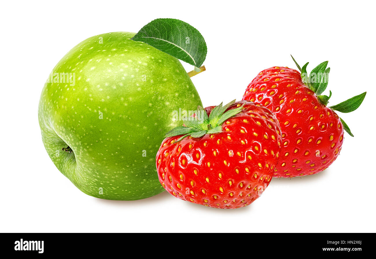 Strawberry and apple on white background Stock Photo - Alamy