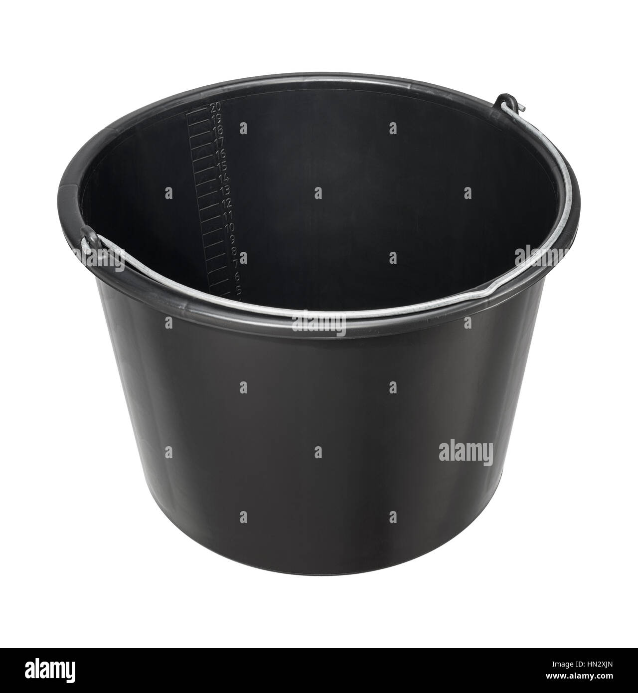 Black plastic bucket for construction works or gardening. Isolated on ...