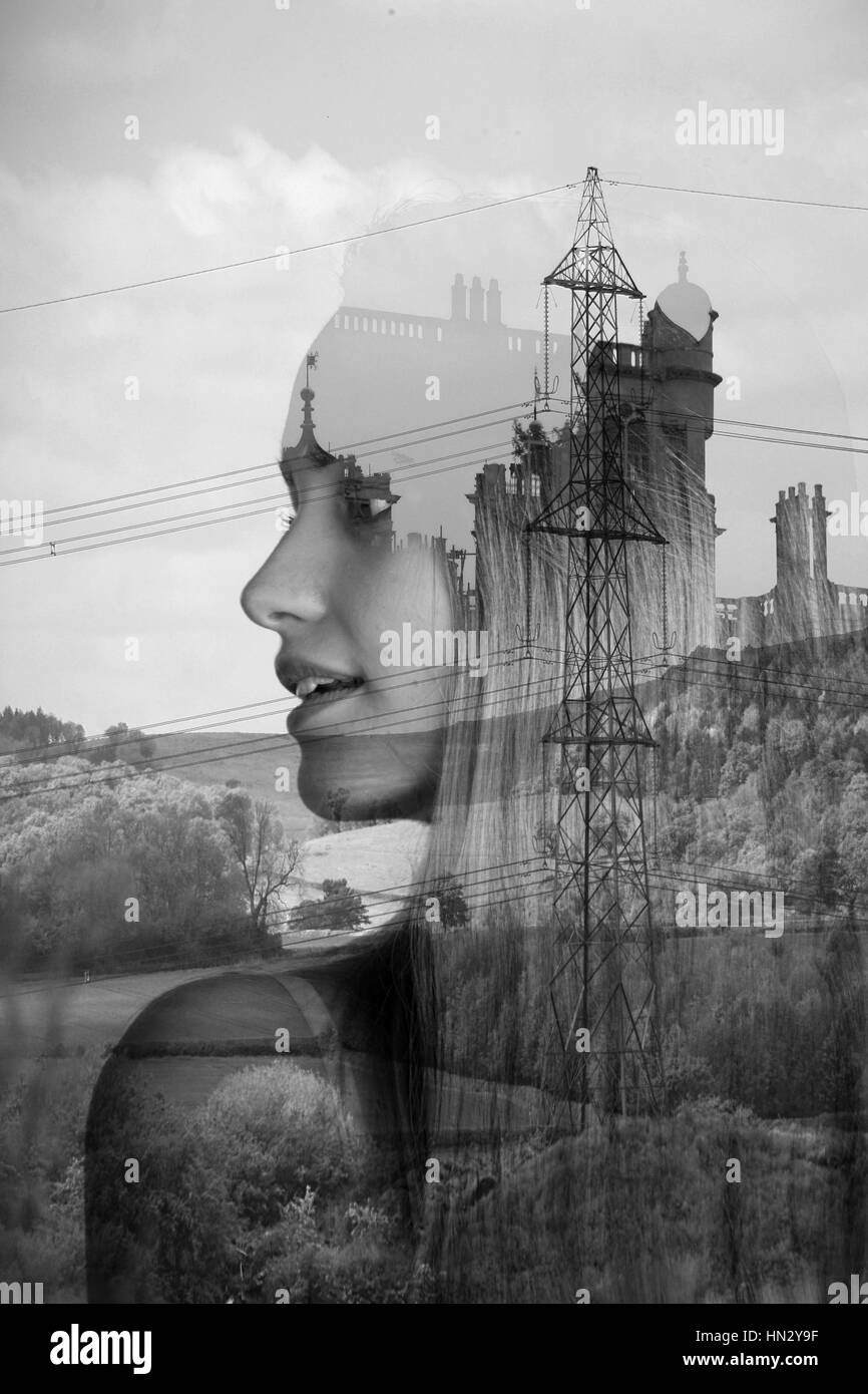 Portrait double exposed with landscape Black and White Stock Photos ...