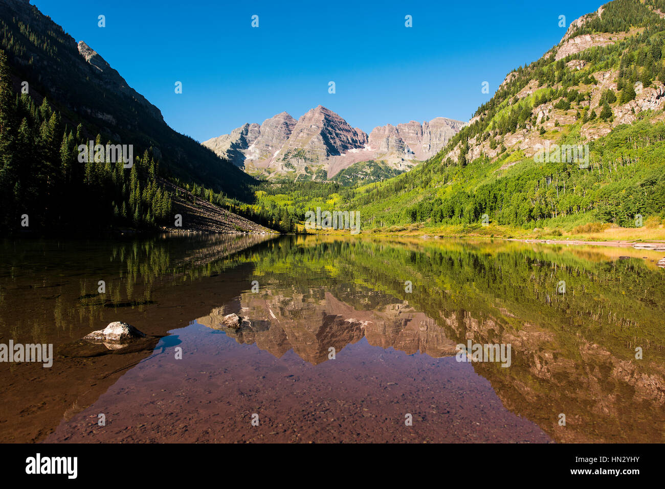 Maroon Bells with Lake in Fall in Colorado Stock Photo - Alamy