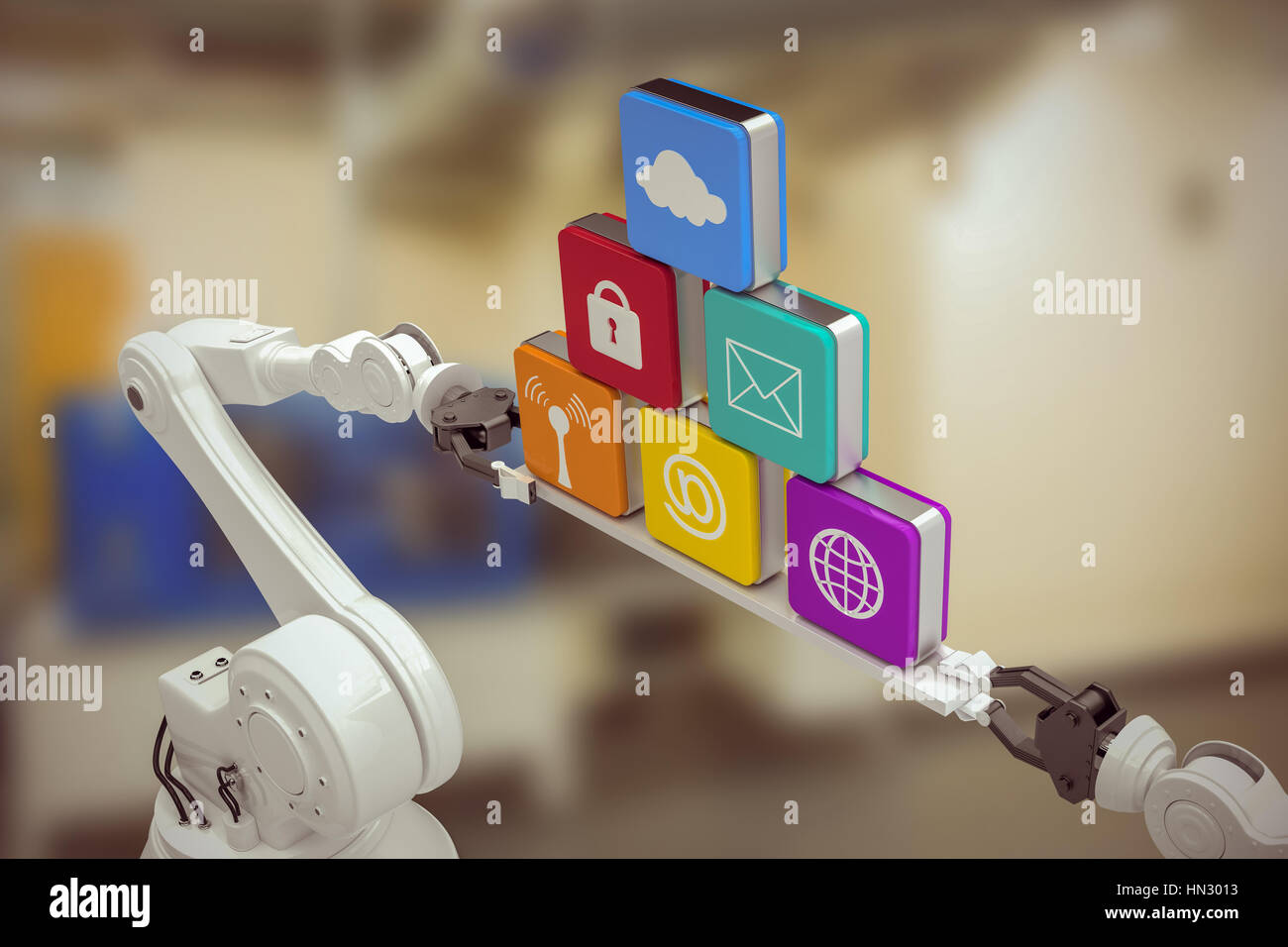 Robotic hands holding multi colored computer icons against white ...