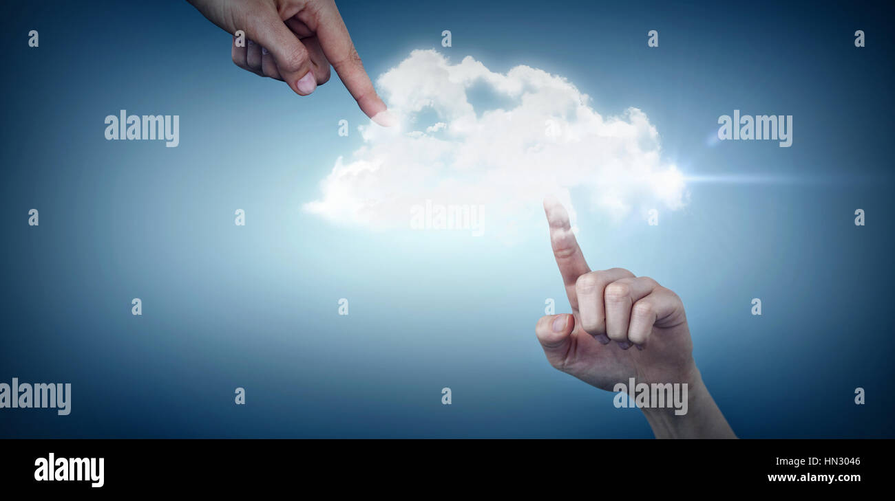 Businesswoman hand using digital screen against blue vignette Stock ...