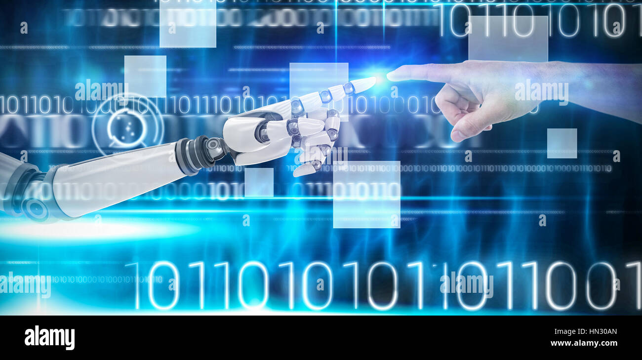 Hand of man pretending to touch an invisible screen against blue ...