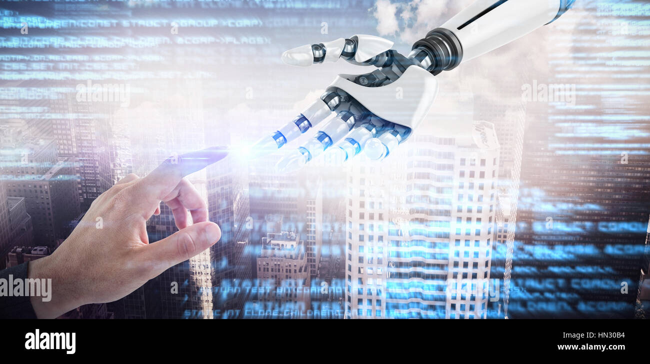 Businessman hand using digital screen against aerial view of a city on ...