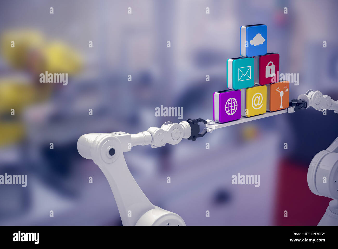 White robotic hands holding computer icons against white background ...