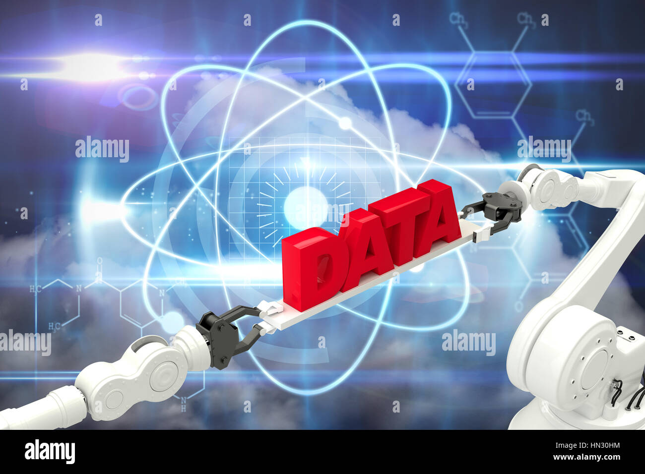 Metallic robotic hands holding red data text over white background ...