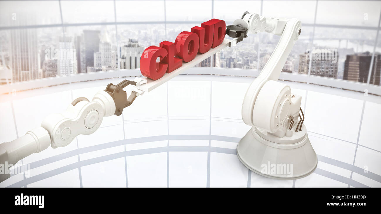 Composite image of mechanical robotic hands holding cloud text against ...