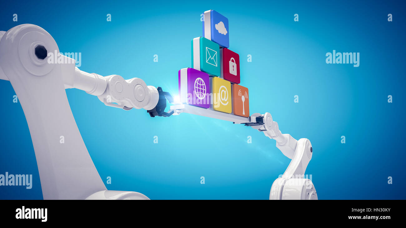 Robotic hands holding computer icons against white background against ...