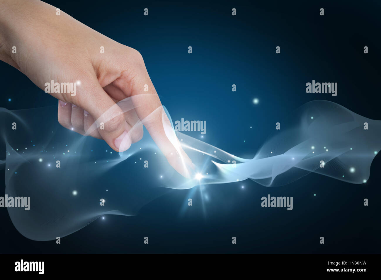 Hand pointing on white background against abstract glowing black ...