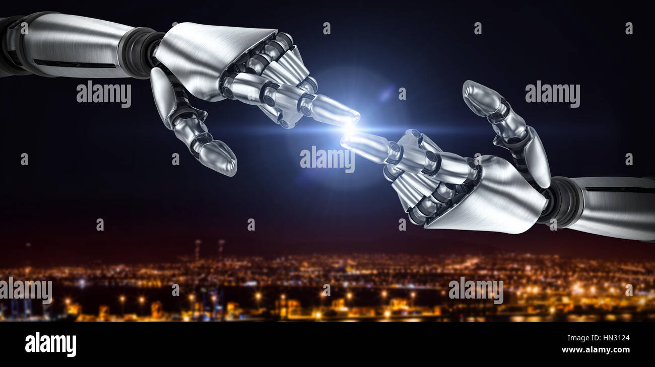 Silver robot arm pointing at something against illuminated harbor ...