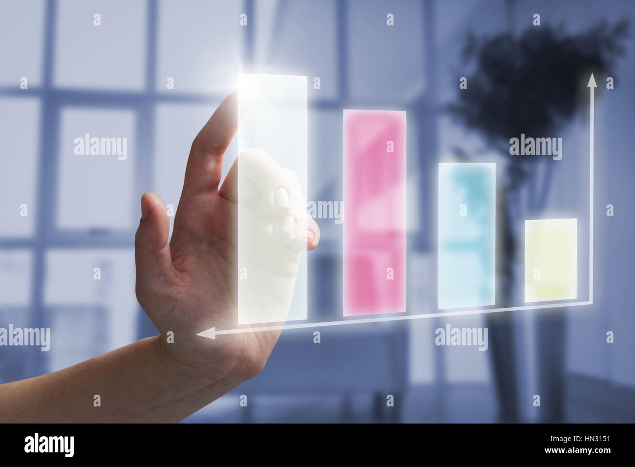Close-up of cropped hand touching virtual graph against sofa chair in ...