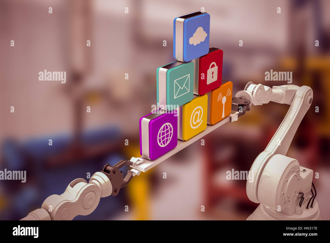 Metallic robotic hands holding computer icons over white background ...