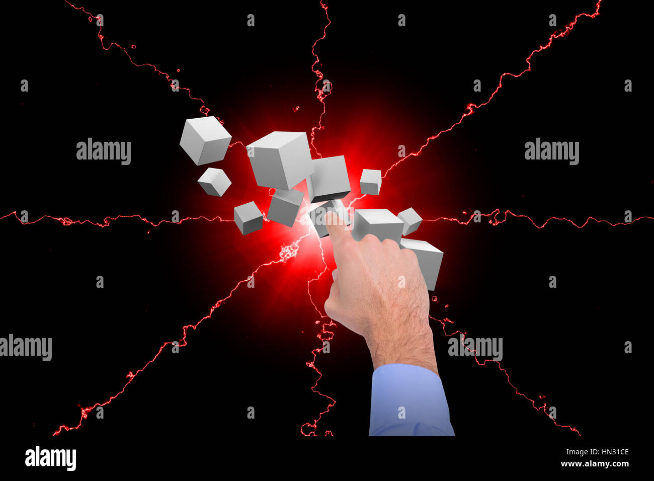 Businessman hand pointing against digitally generated grey cubes ...