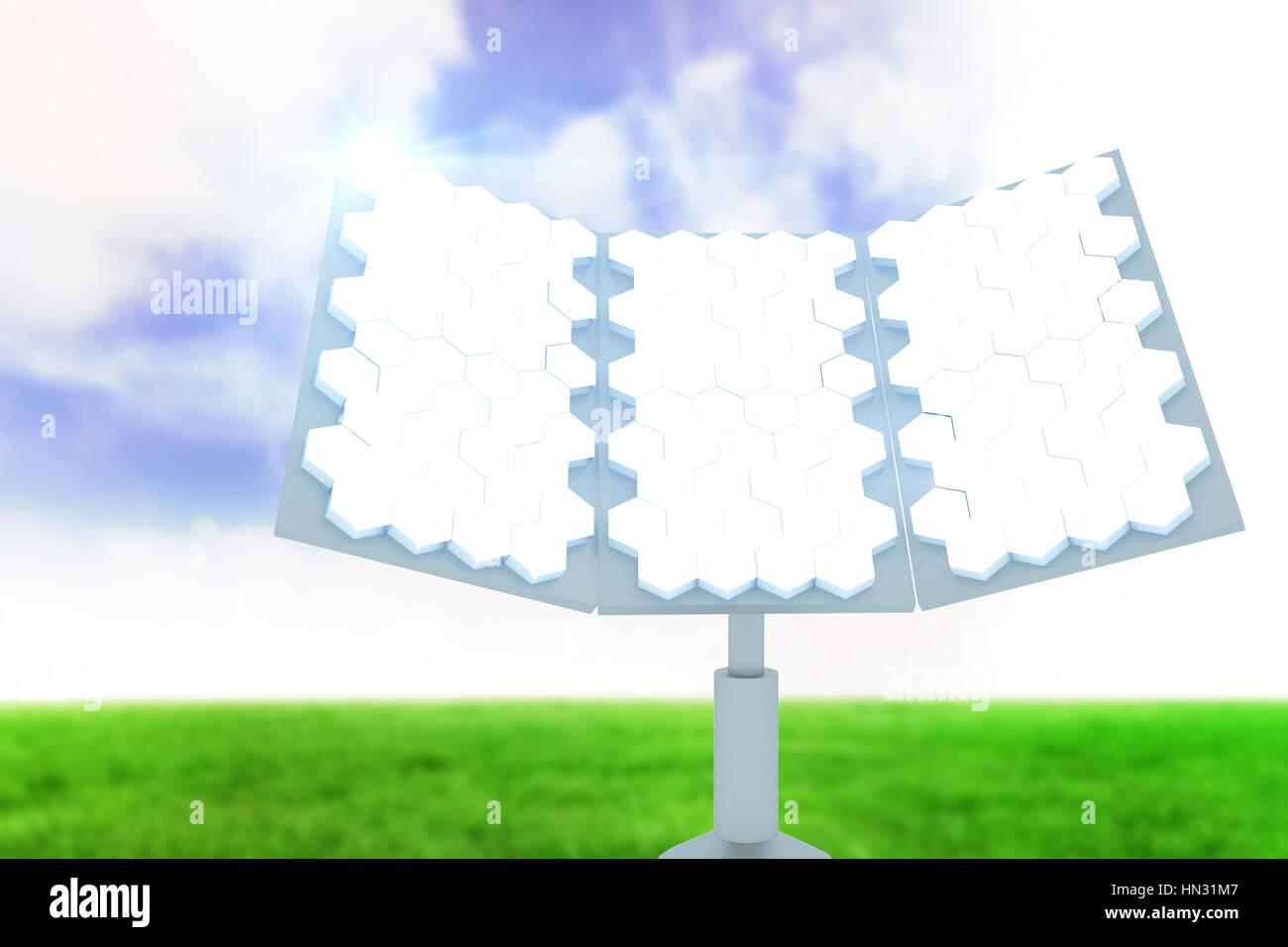 Digitally generated image of hexagon shaped solar panel against blue ...