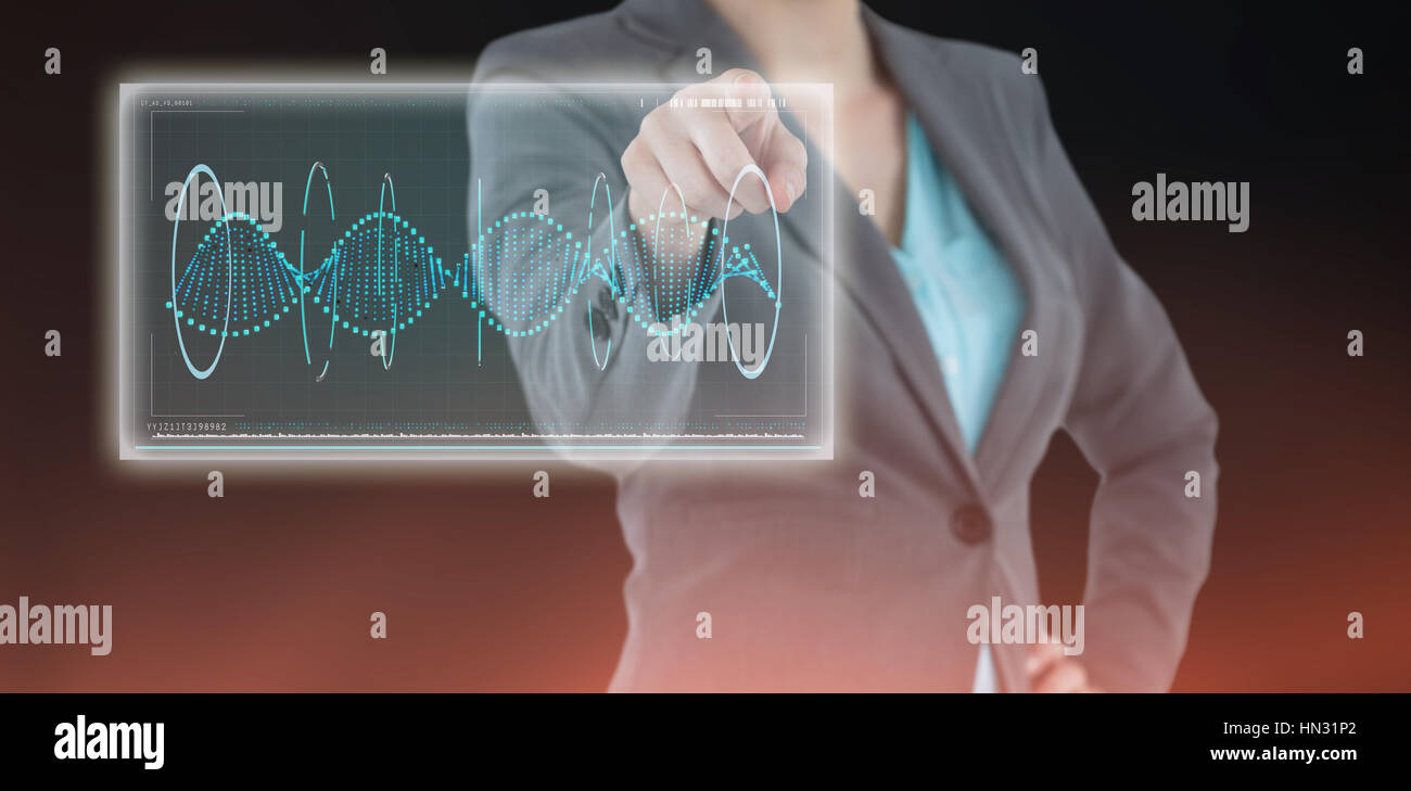 Businesswoman using digital screen against blue background with ...