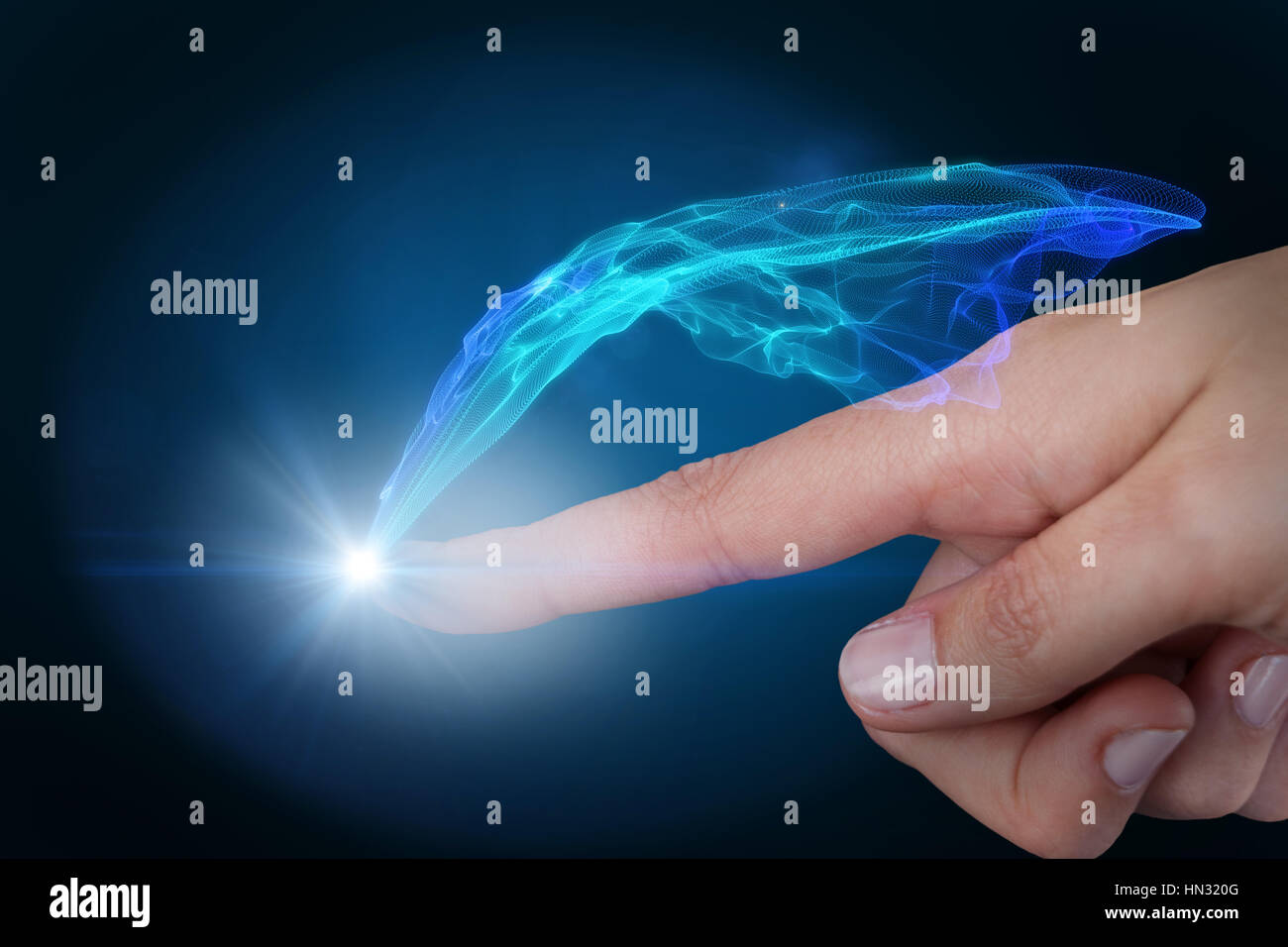 Human hand pointing against blue glowing black background Stock Photo ...