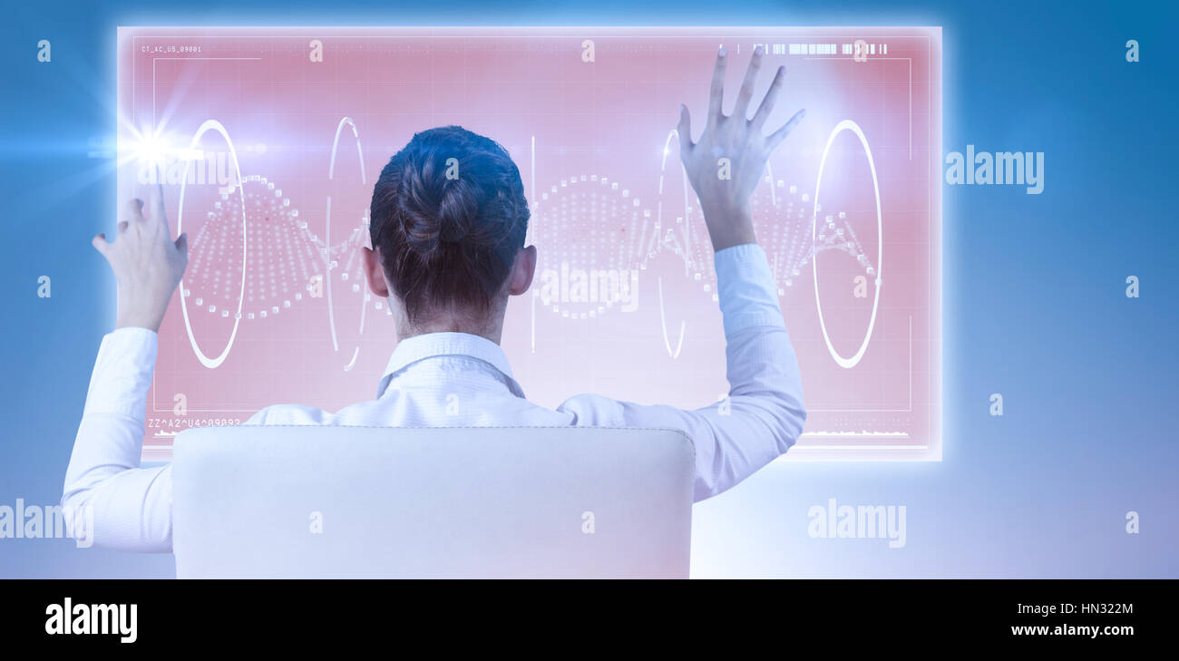 Rear view of businesswoman using digital screen against blue vignette ...