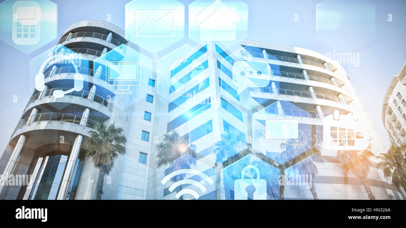 Building by tree against clear sky against futuristic technology ...