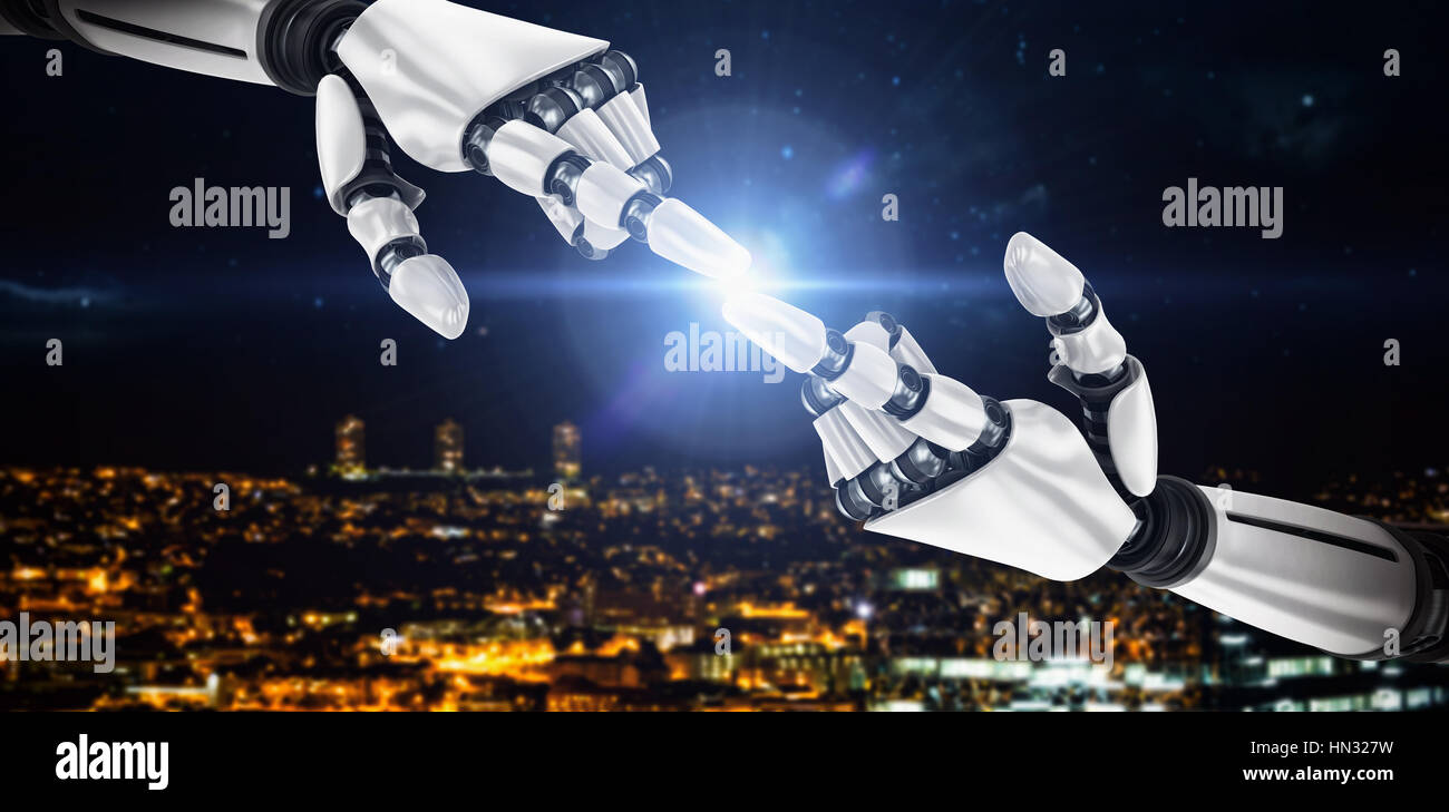 White robot arm pointing at something against high angle view of ...