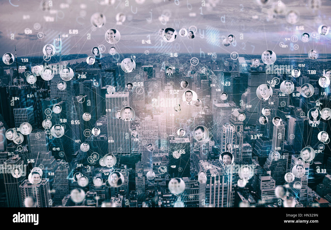 Sphere of portraits against image of a city landscape Stock Photo - Alamy