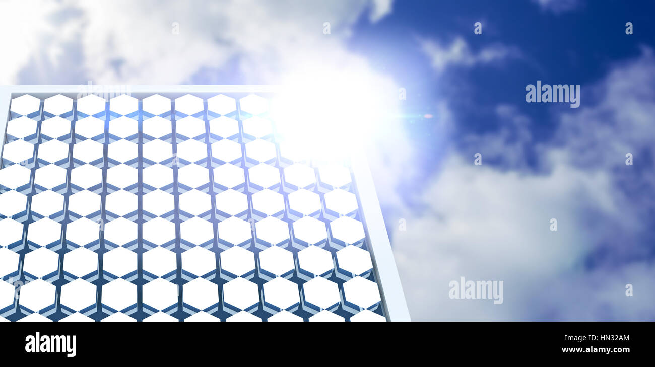 Hexagon solar panel equipment against white screen against bright blue ...