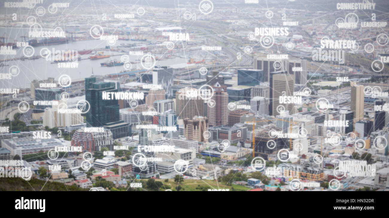 Sphere of icons and words against view of crowded cityscape Aerial view ...