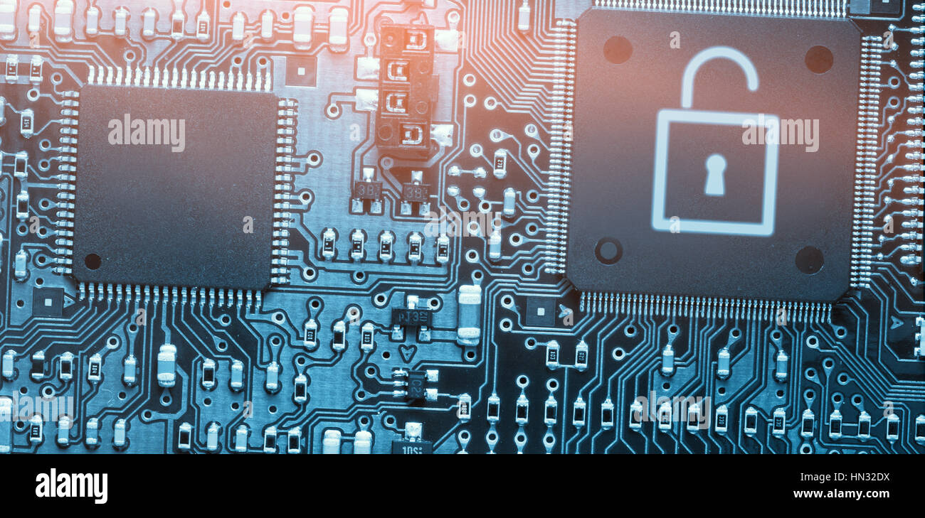 Lock against blue pcb Stock Photo - Alamy