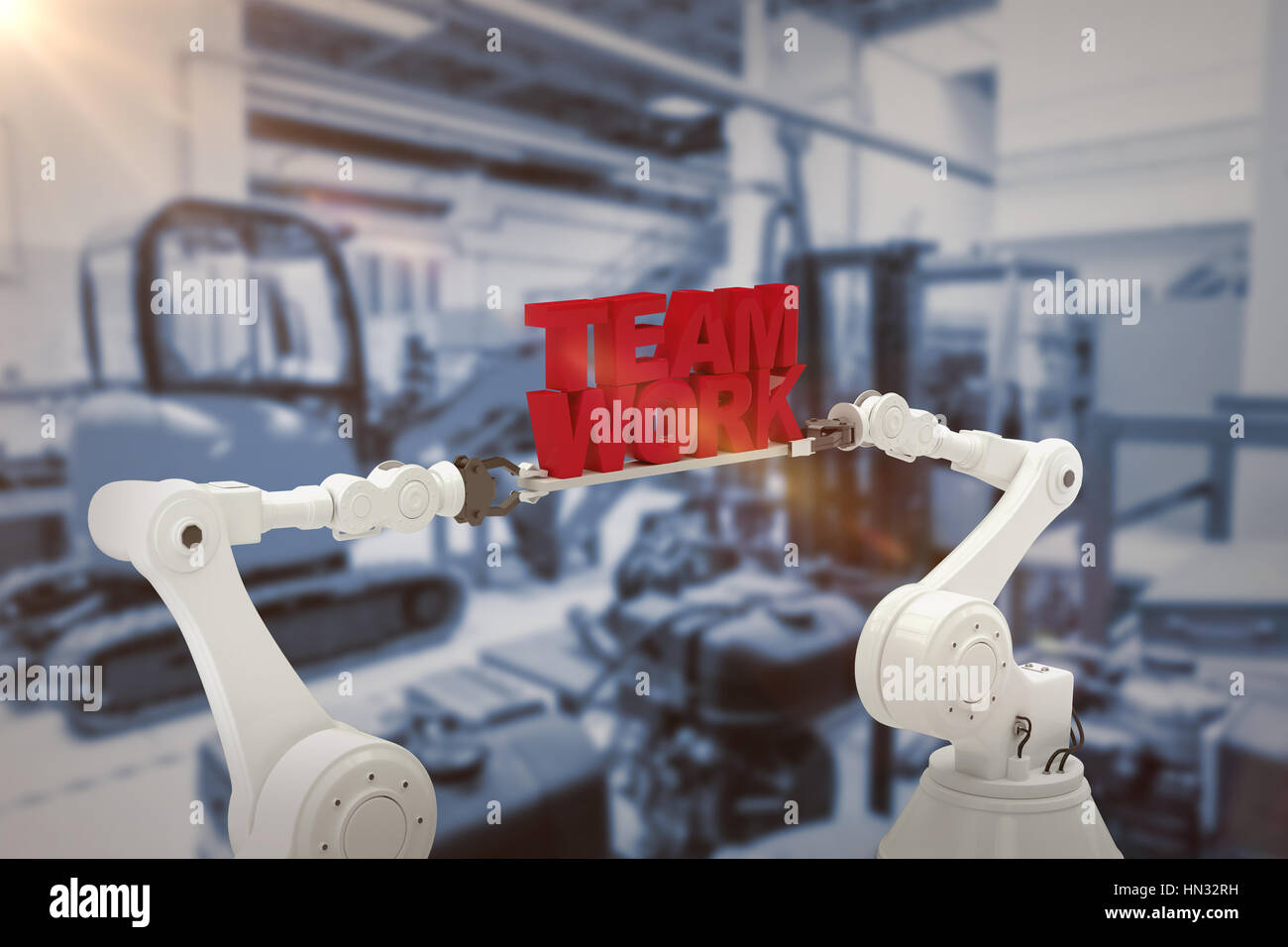 Mechanical hands holding red team work message over white background ...