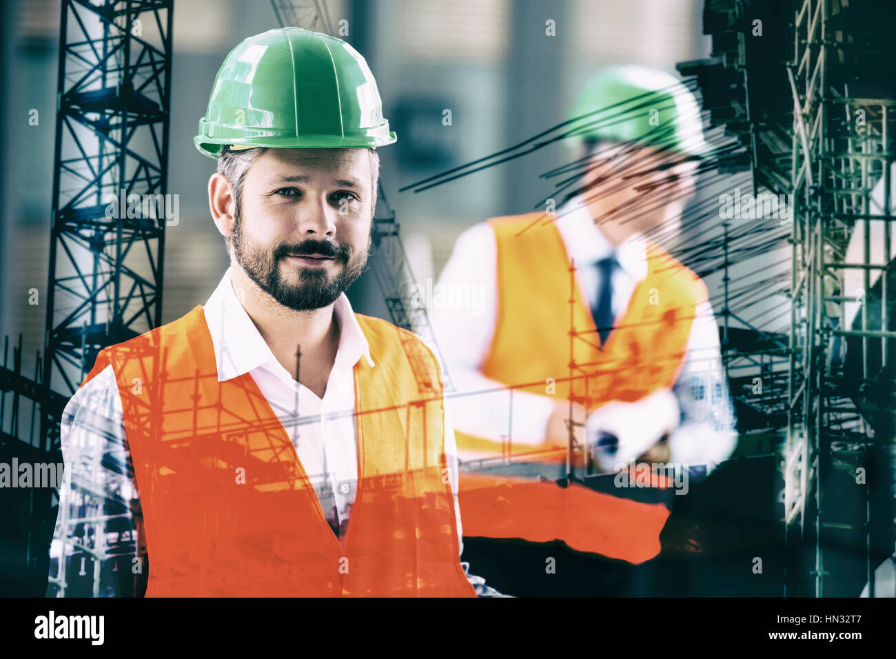 Work in progress in the city against architect in hard hat standing in ...