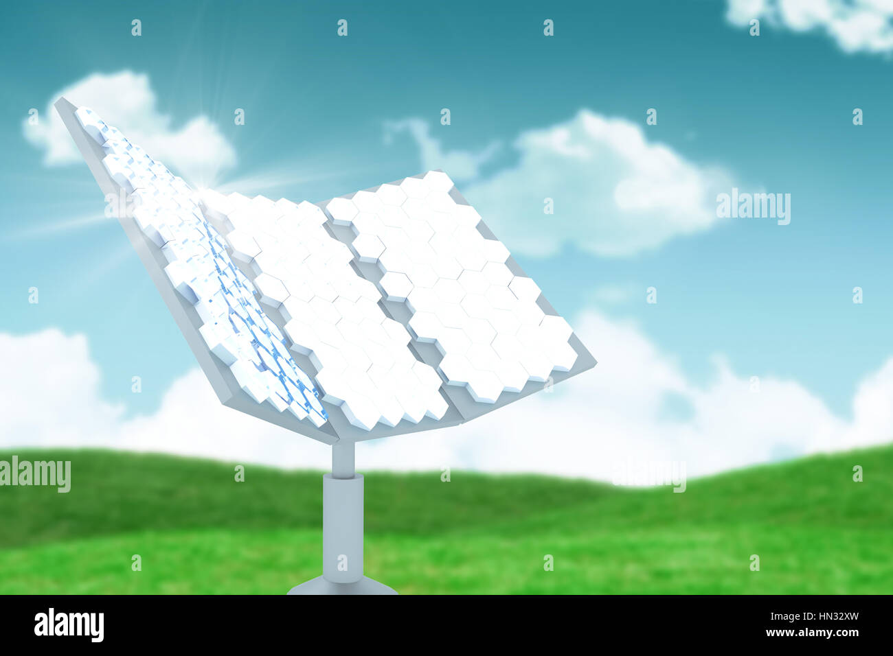 Vector image of hexagon shaped solar panel against landscape against ...