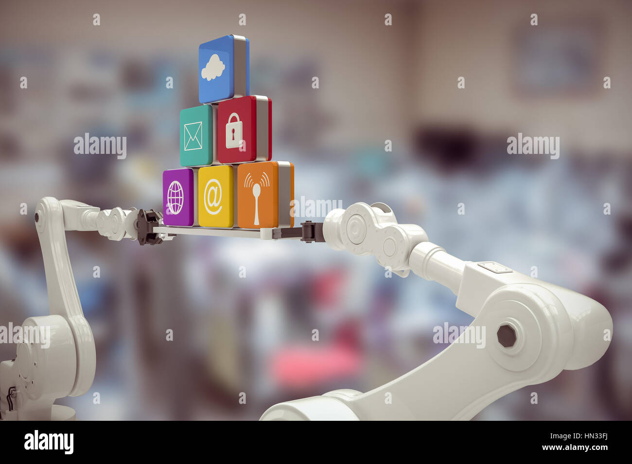 White robotic hands holding computer icons against image of technology ...