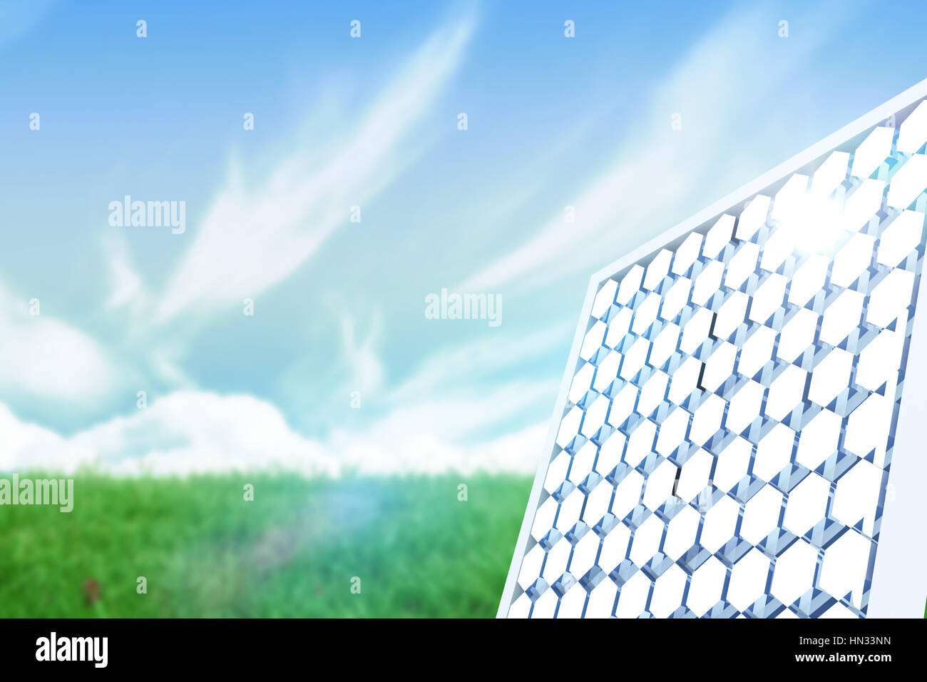 Hexagon solar panel equipment against blue sky over green field Stock ...