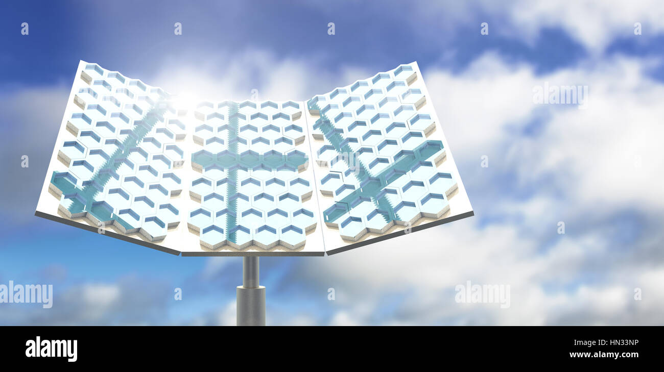 Modern solar panel with hexagon shape against blue sky with clouds ...