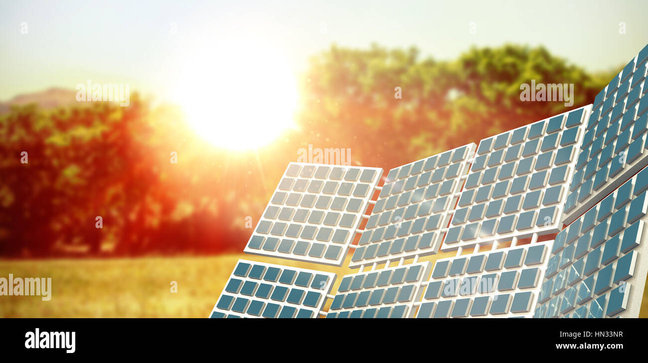 Three dimensional of solar power against sun rise over trees Stock ...