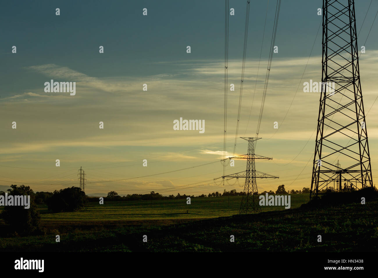 High voltage pylon on skies background, Transmission line tower in countryside Stock Photo - Alamy
