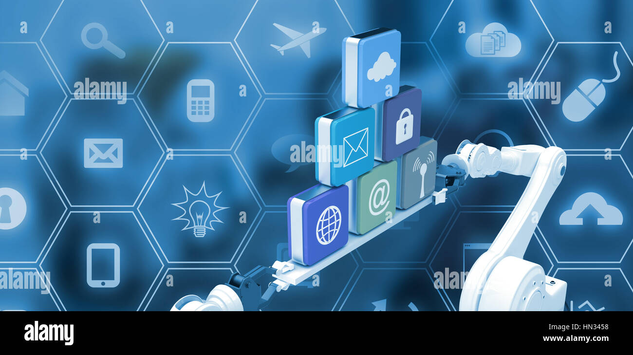 Metallic robotic hands holding computer icons over blue background ...