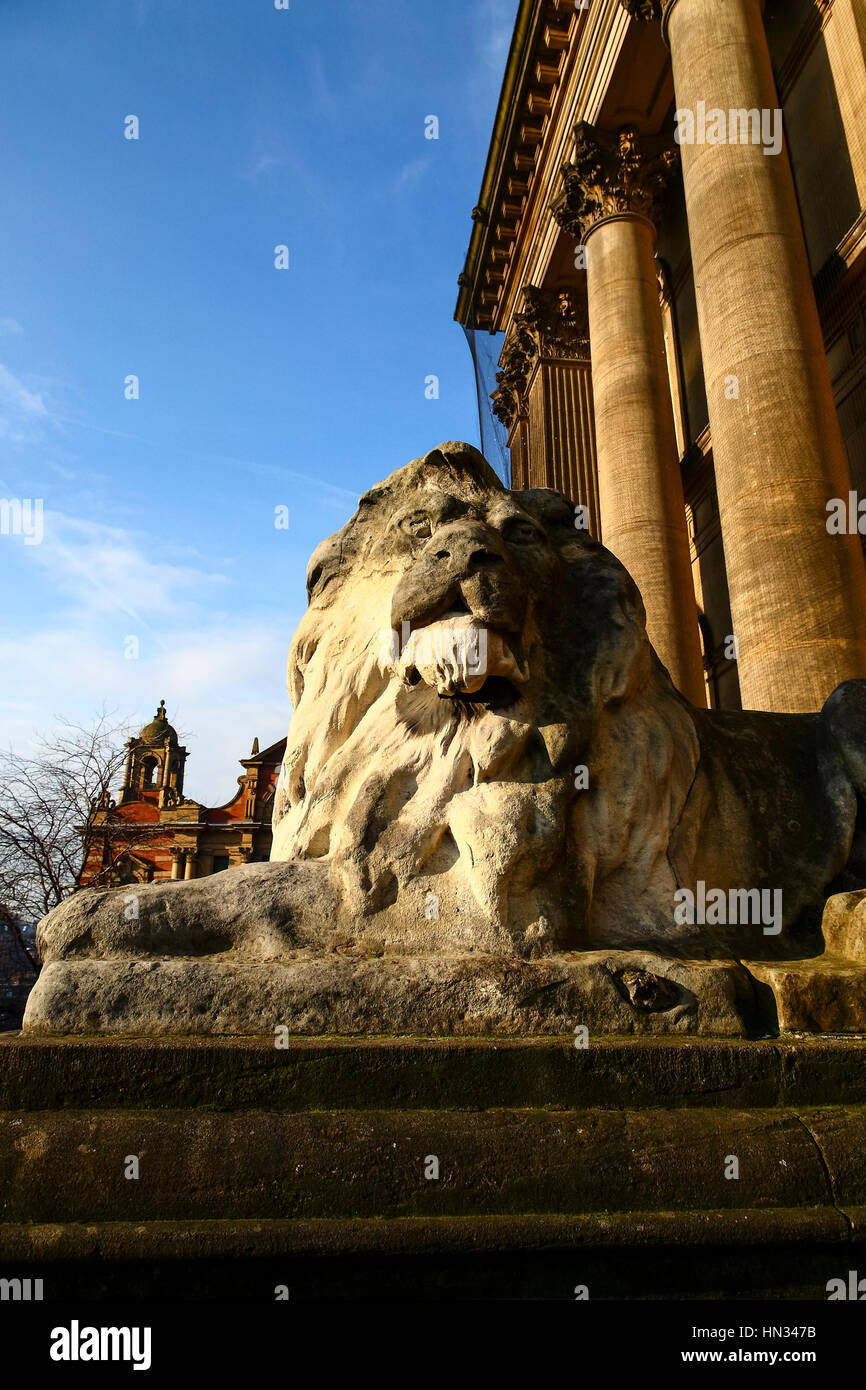 Stone lion sculptures on the steps of Leeds town hall Leeds west ...