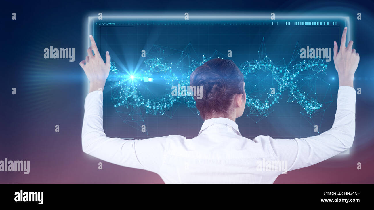 Rear view of businesswoman using digital screen against blue vignette ...