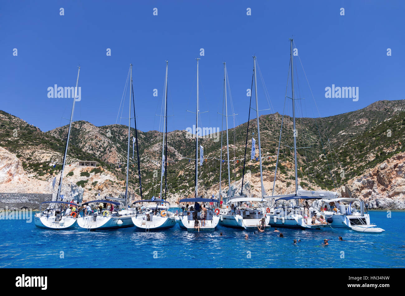 July 21st 2015 - Sailing yachts anchored in a bay in Polyaigos island ...
