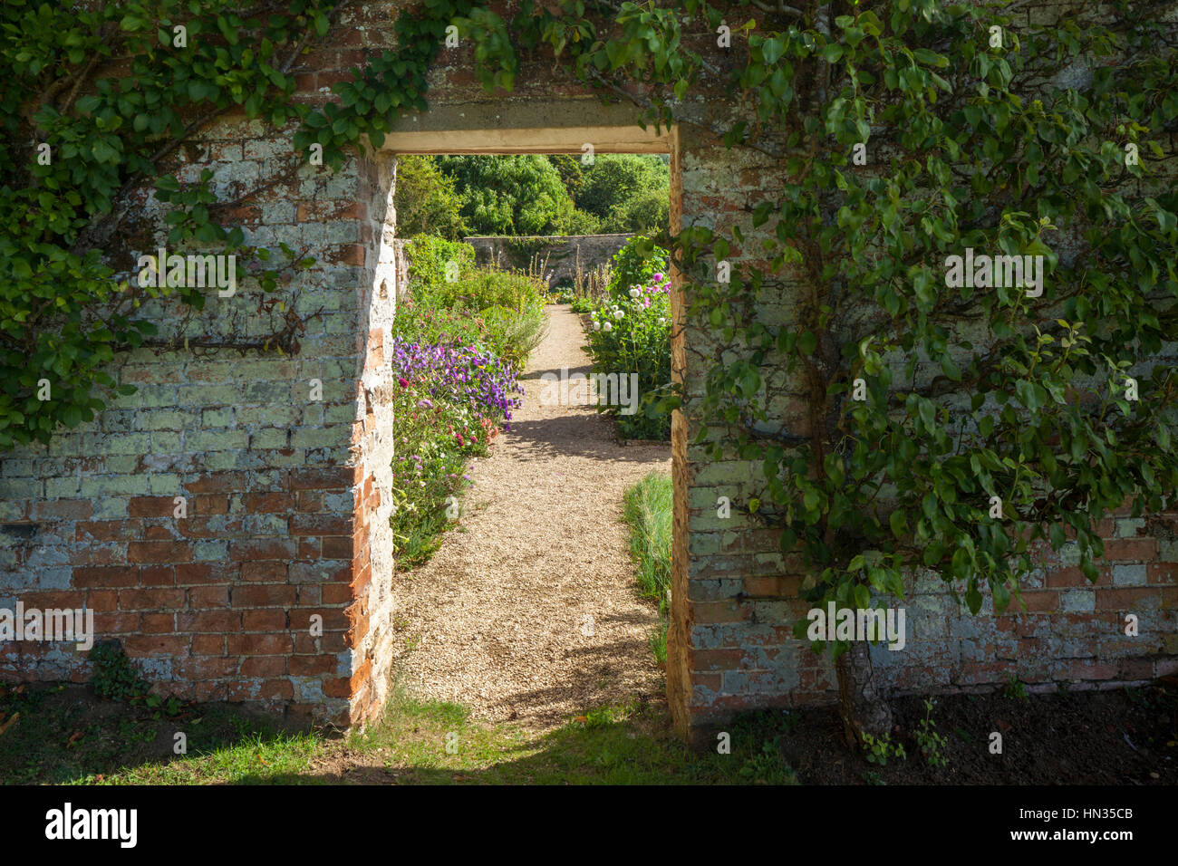 Espaliered fruit trees frame an opening into the walled vegetable ...