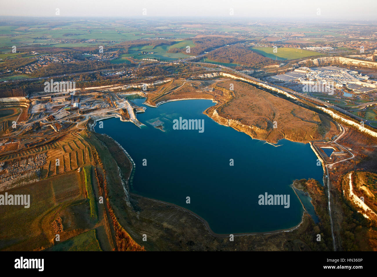 Aerial shot of reservoir next to Bluewater shopping centre in Kent ...