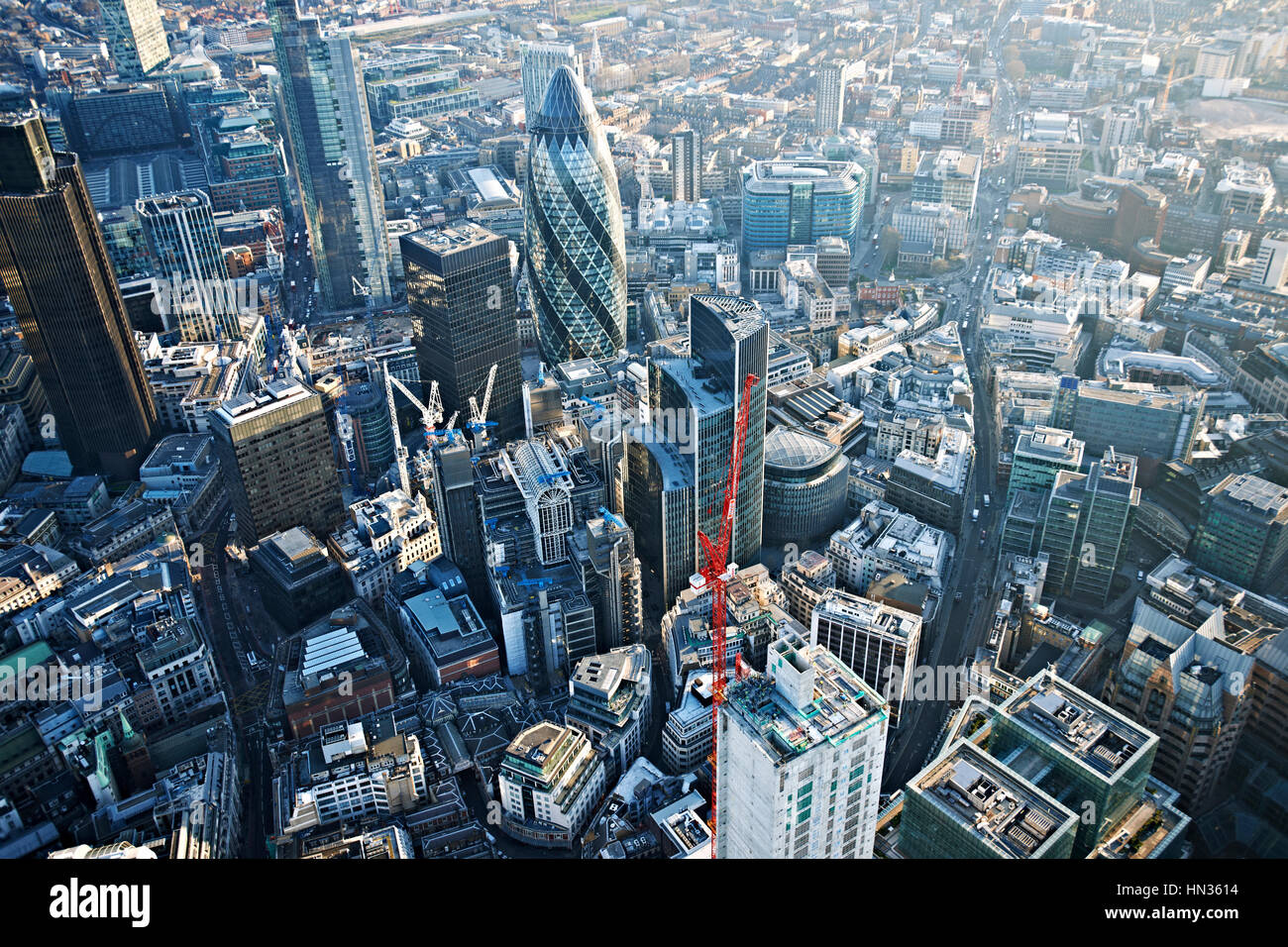 Aerial view of the city of London showing the Gherkin and Lloyds of ...