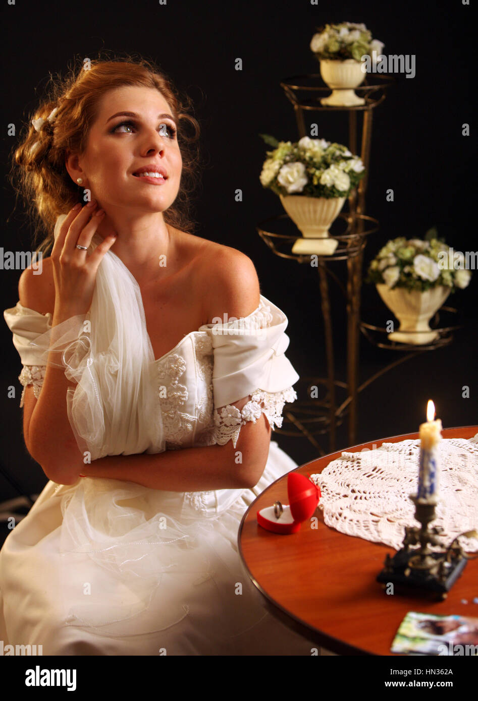 Bride thinking about choice of groom. Woman in wedding dress Stock ...