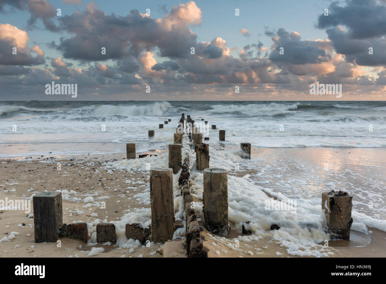 A windy morning and a rough sea at the coast at Mundesley Stock Photo ...