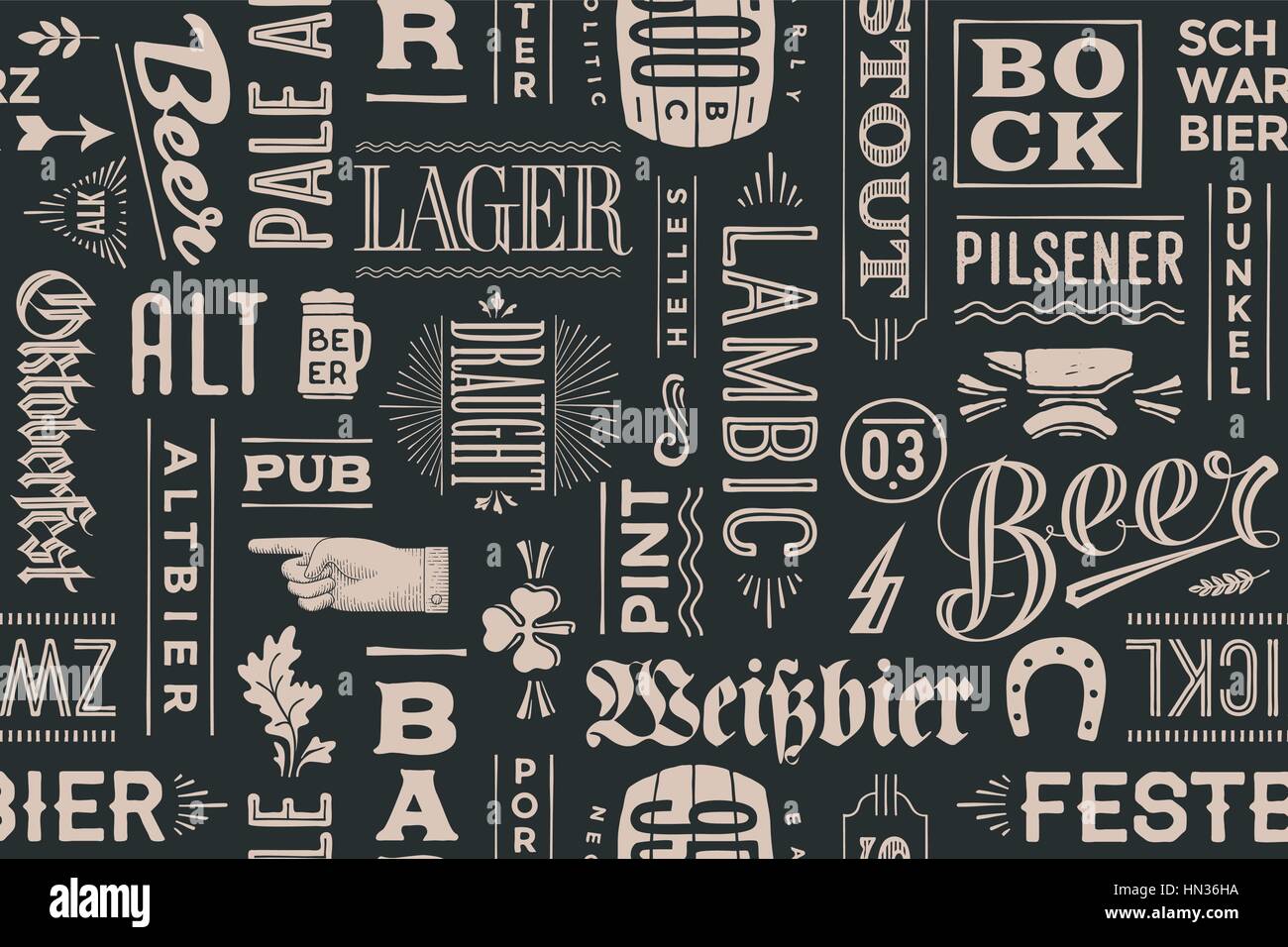 Seamless pattern with types of beer and hand drawn lettering Stock ...