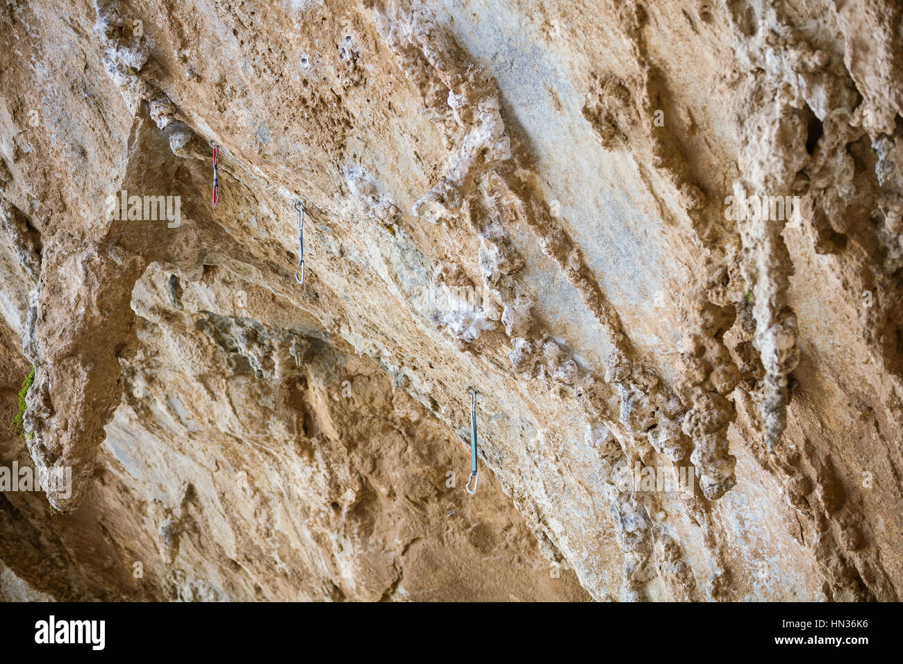 Stone surface, natural cliff with hanging quickdraws for rock climbing ...