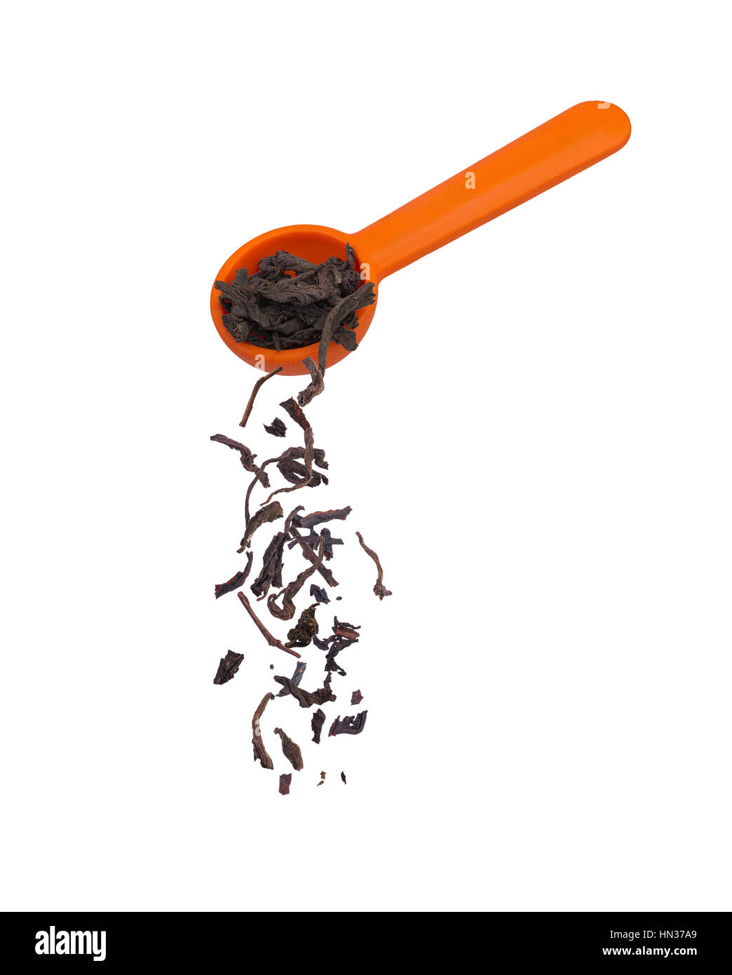 dry black tea falling from orange spoon isolated on white background ...