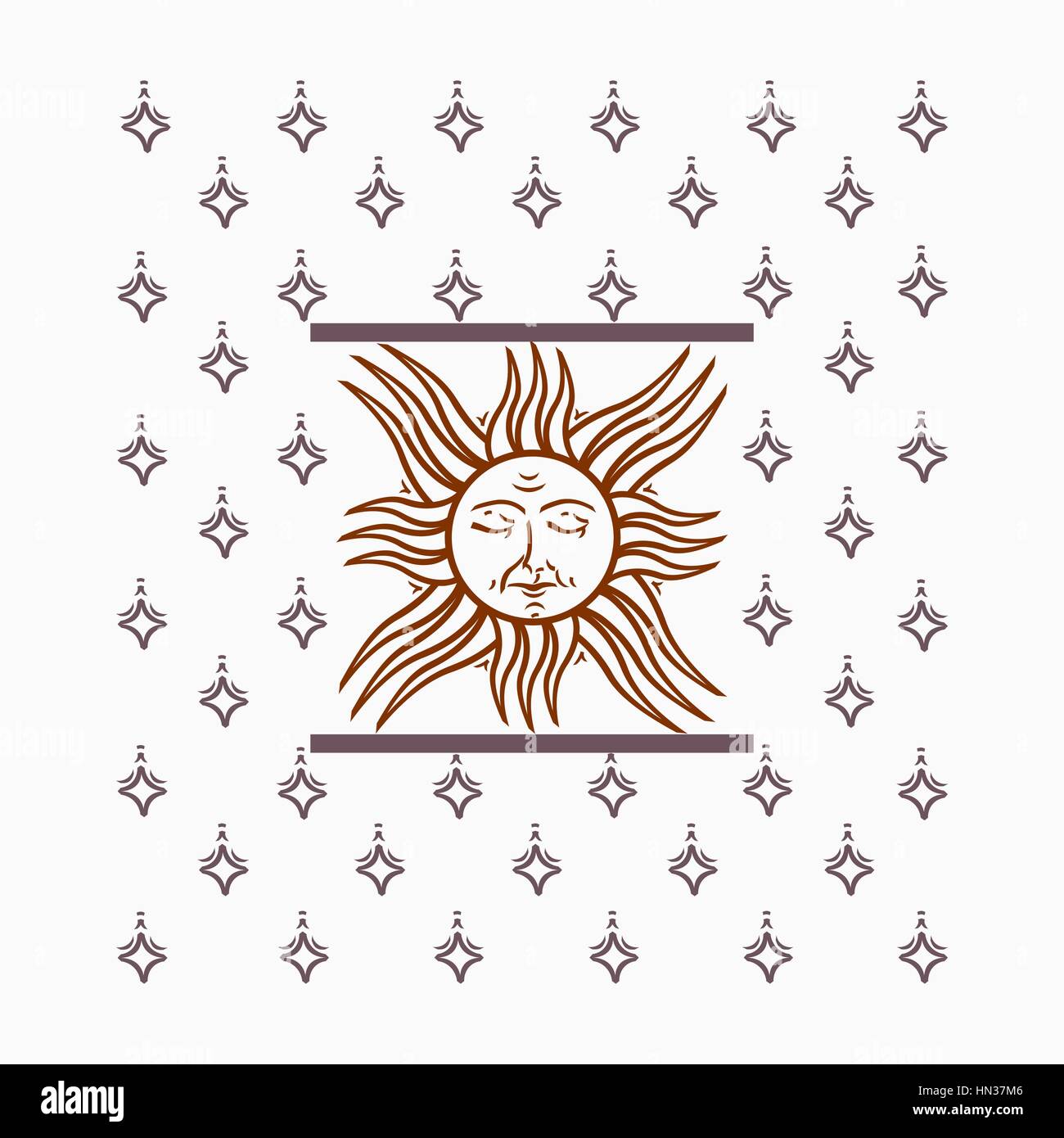 Vector vintage cover illustration with sun and stars, square-shaped ...