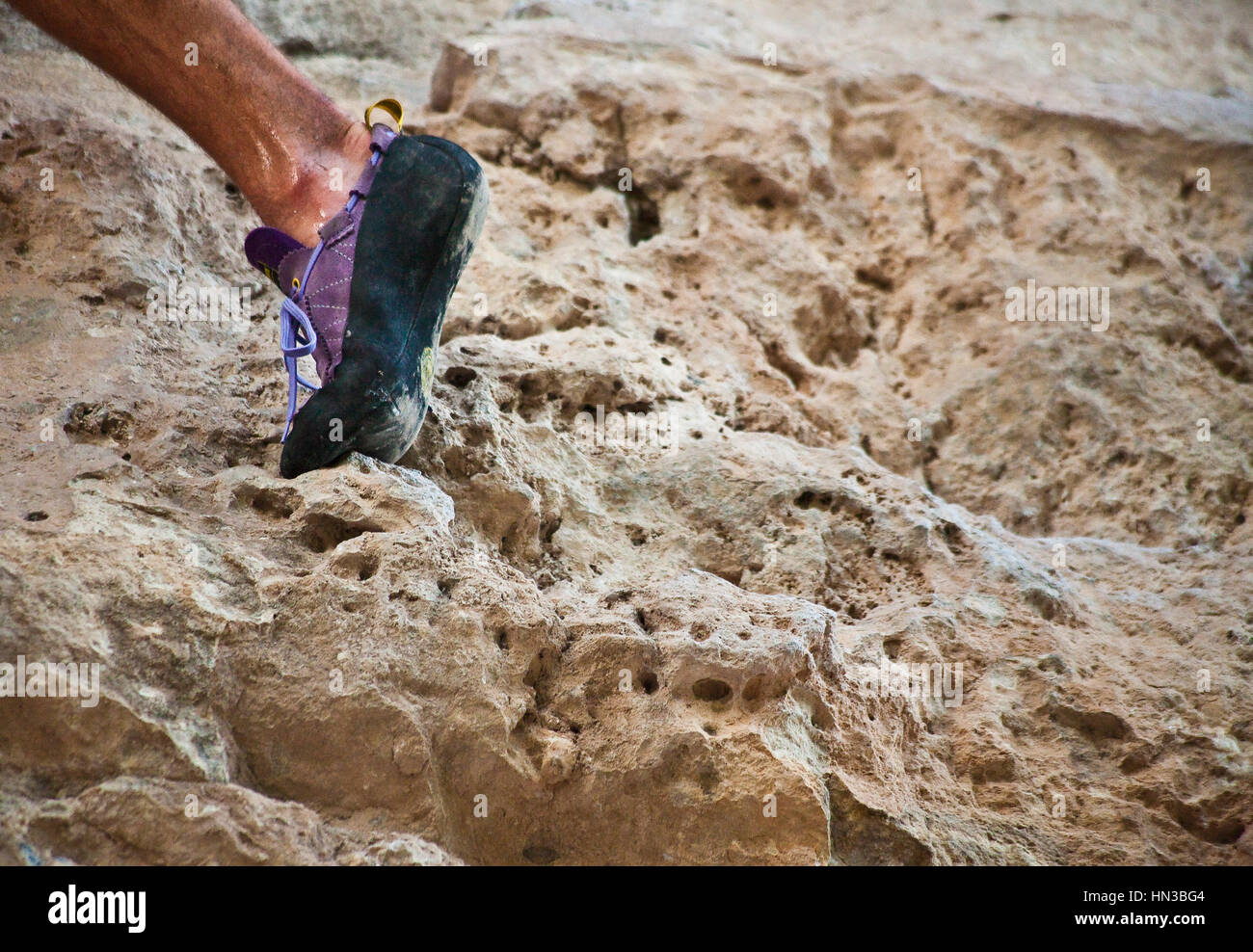 The foot of a rock climber on a limestone in Austin, Texas Stock Photo ...