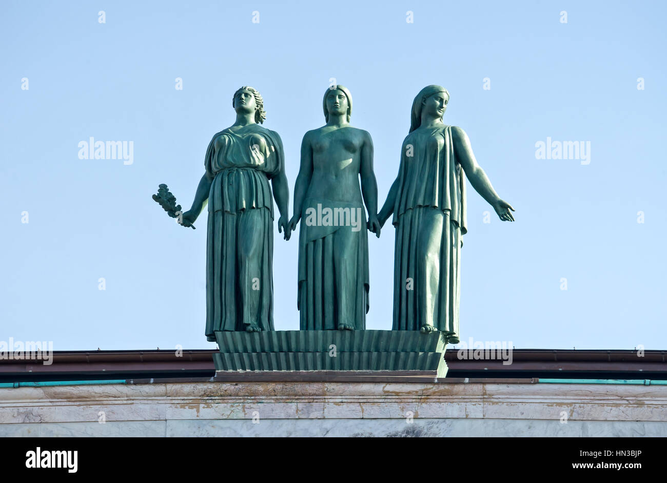 Belgrade, Serbia - February 27, 2016: Three statues on the roof of the ...